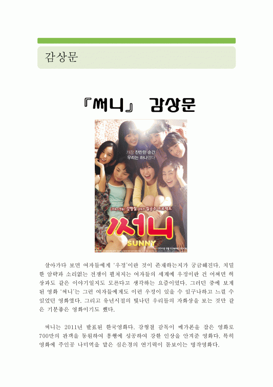 써니 영화 감상문 (써니 영화감상문,써니 감상문,써니를 보고,써니 줄거리,분석,이해,써니 분석,복고영화,해석)