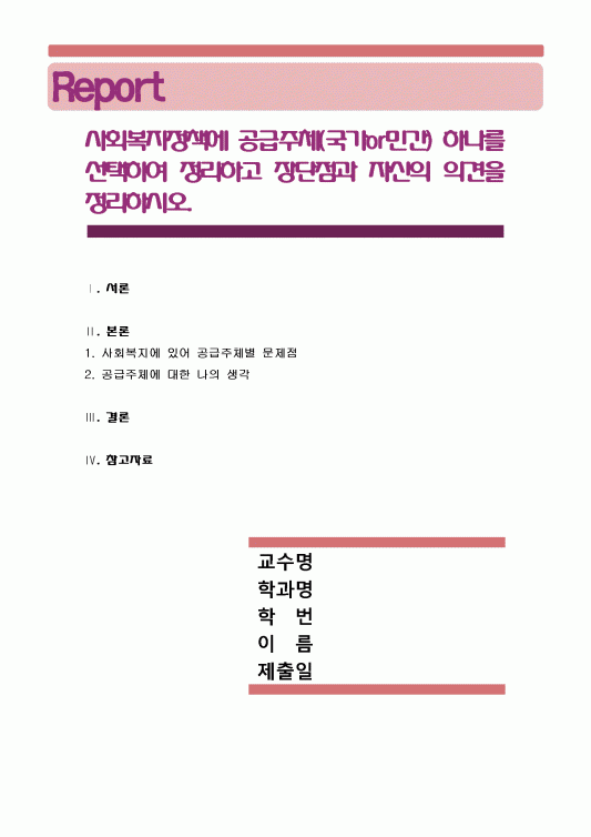 사회복지정책에 공급주체(국가or민간) 하나를 선택하여 정리하고 장단점과 자신의 의견을 정리.