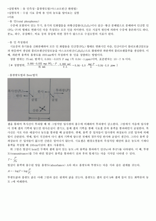 [분석화학실험] (예비) 총 인측정-흡광광도법(아스코르빈산 환원법) : 수질 시료 중에 총 인의 농도를 알아보는 실험