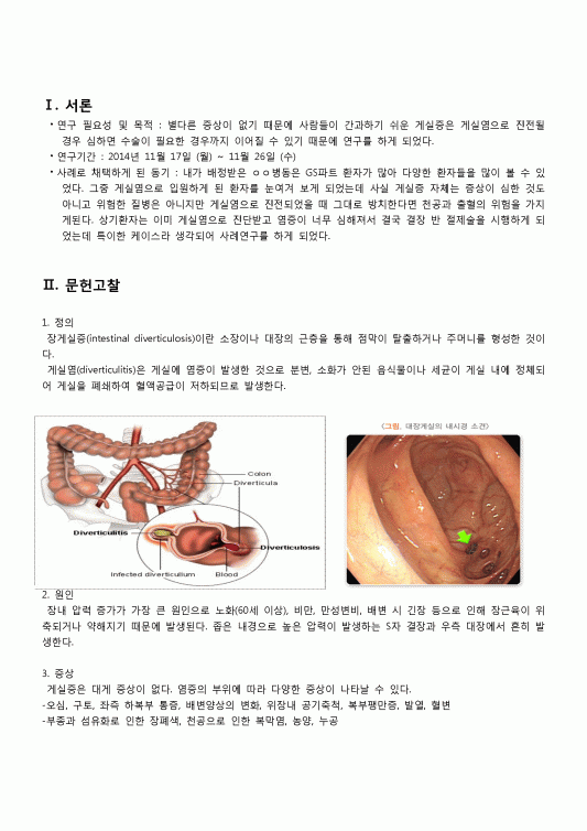 장게실염(Diverticulitis) 케이스 & 문헌고찰, 급성통증, 체액과다, 지식부족 간호과정, 간호진단, 교육자료, 서론, 느낀점有