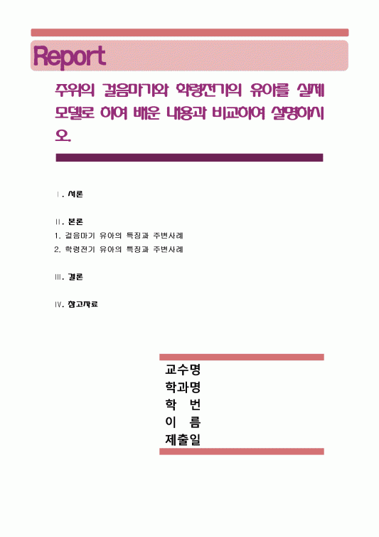 주위의 걸음마기와 학령전기의 유아를 실제모델로 하여 배운 내용과 비교하여 설명.