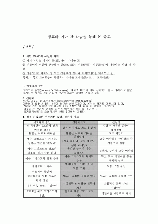 정교와 이단(異端) 간 갈등을 통해 본 종교 - 정통 기독교와 여호와의 증인, 신천지