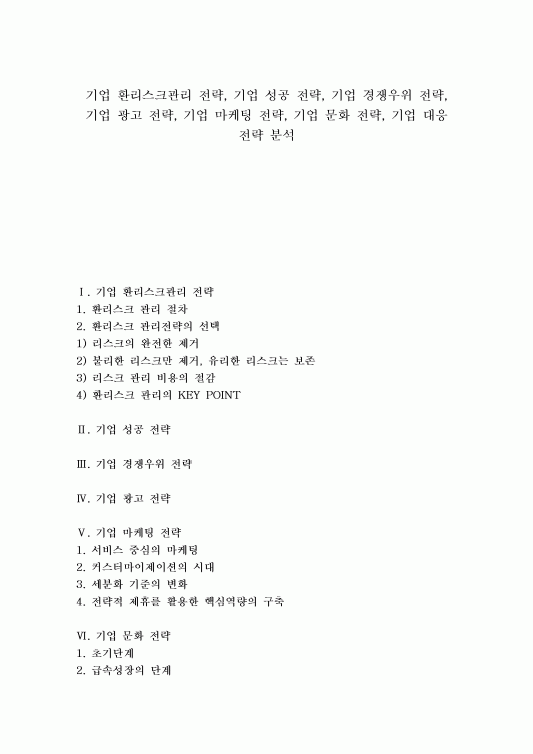 [기업 전략][기업][환리스크관리][성공][경쟁우위][광고][마케팅][문화]기업 환리스크관리 전략, 기업 성공 전략, 기업 경쟁우위 전략, 기업 광고 전략, 기업 마케팅 전략, 기업 문화 전략, 기업 대응 전략 분석