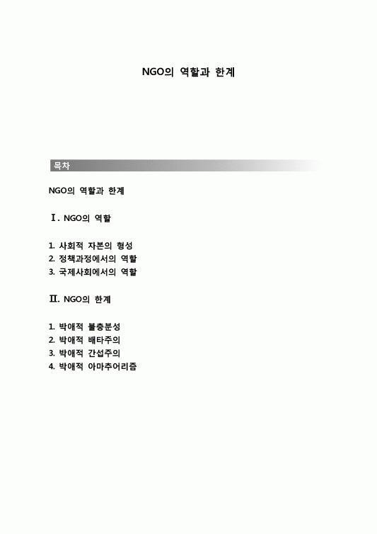 NGO(Non Governmental Organization)의 역할과 한계