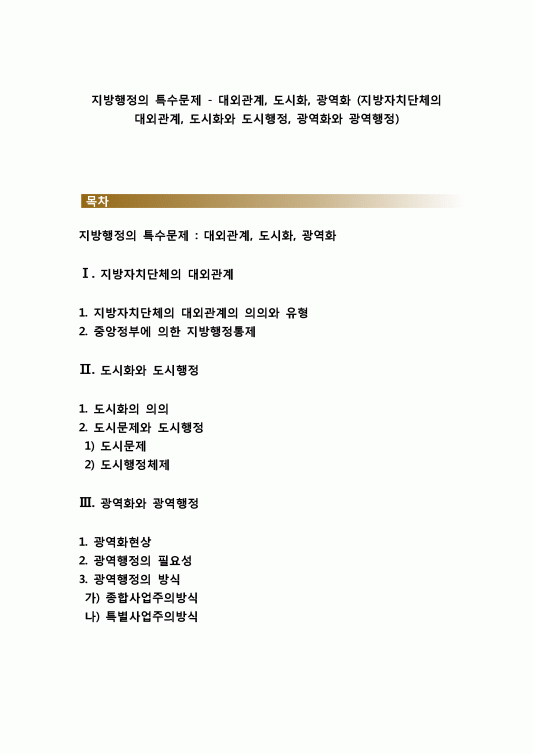 지방행정(地方行政)의 특수문제 - 대외관계, 도시화, 광역화 (지방자치단체의 대외관계, 도시화와 도시행정, 광역화와 광역행정)