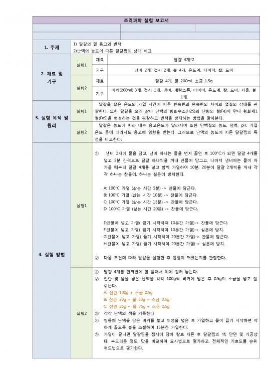 조리과학 실험 보고서 (달걀의 열 응고와 변색 및 달걀찜 상태 비교)