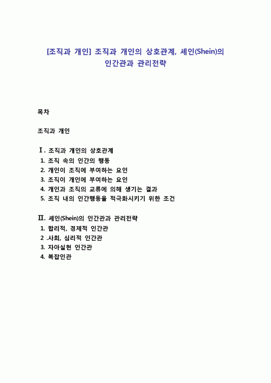 [조직(組織)과 개인(個人)] 조직과 개인의 상호관계, 셰인(Shein)의 인간관과 관리전략