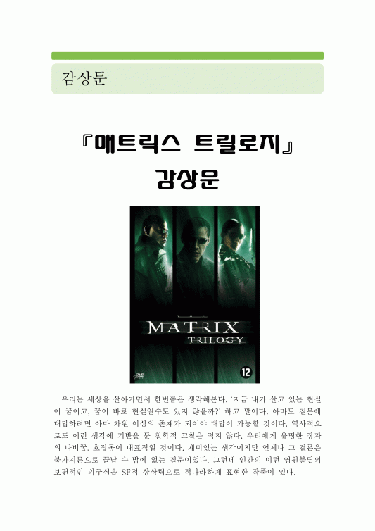매트릭스 3부작 영화감상문 (매트릭스 트릴로지 영화감상문,매트릭스 감상문,메트릭스를 보고,매트릭스 줄거리,매트릭스 분석,이해,독서감상문,해석,비판,철학,비평,영화평,감상평)