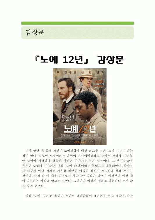 노예12년 영화 감상문 (노예12년 영화감상문,노예12년 감상문,노예12년을 보고,노예12년 줄거리,분석, 이해, 해석,비판, 철학, 비평, 영화평, 감상평)