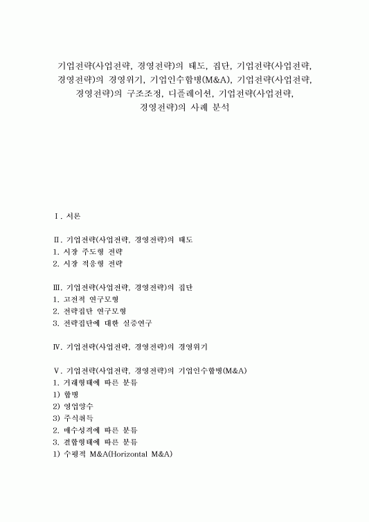 기업전략(사업전략, 경영전략)의 태도, 집단, 기업전략(사업전략, 경영전략)의 경영위기, 기업인수합병(M&A), 기업전략(사업전략, 경영전략)의 구조조정, 디플레이션, 기업전략(사업전략, 경영전략)의 사례 분석