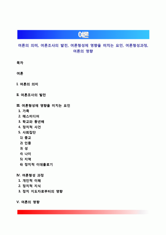 여론 (輿論) - 여론의 의미, 여론조사의 발전, 여론형성에 영향을 미치는 요인, 여론형성과정, 여론의 영향