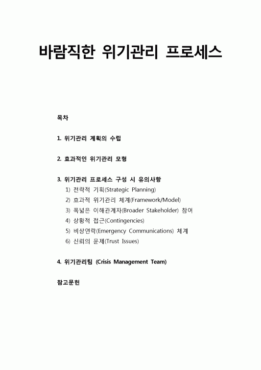 [산업보안학 産業保安學] 바람직한 위기관리 프로세스 - 위기관리 계획의 수립과 효과적인 위기관리 모형, 위기관리 프로세스 구성 시 유의사항, 위기관리팀(Crisis Management Team)