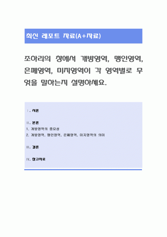 조하리의 창에서 개방영역, 맹인영역, 은폐영역, 미지영역이 각 영역별로 무엇을 말하는지 설명.