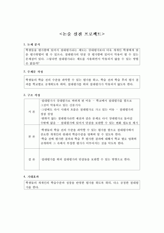 <논술 실전 프로젝트> 논술적 기법 - 절대평가를 찬성하는 입장에서, 절대평가가 보완되어 이루어 질 수 있는 방법
