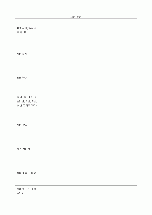 간호사 면접질문 리스트 양식