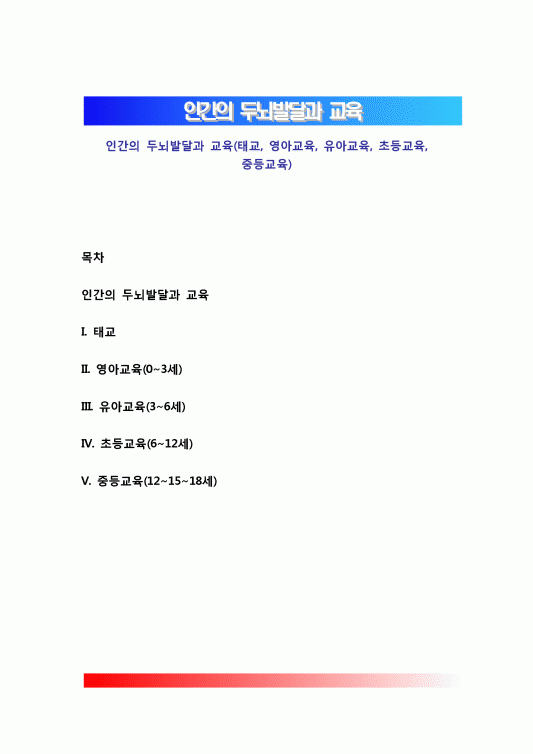인간의 두뇌발달과 교육 - 태교, 영아교육(0~3세), 유아교육(3~6세), 초등교육(6~12세), 중등교육(12~15~18세)