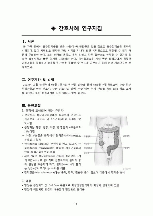 충수절제술(충수돌기절제술/appendectomy)과 관련된 성인간호학 케이스 스터디(case study)입니다.(수술실)