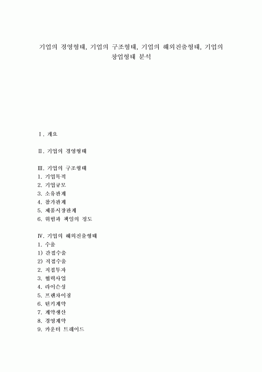 [기업 형태][기업][기업 경영형태][기업 구조형태][기업 해외진출형태][기업 창업형태][경영형태][구조형태][해외진출형태]기업의 경영형태, 기업의 구조형태, 기업의 해외진출형태, 기업의 창업형태 분석
