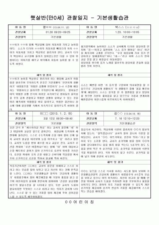 관찰일지 (만0세) {기본생활습관, 신체운동, 자연탐구, 예술경험, 사회관계, 의사소통}