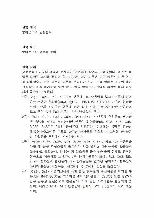 양이온 1족 정성분석 실험노트(예비+결과)
