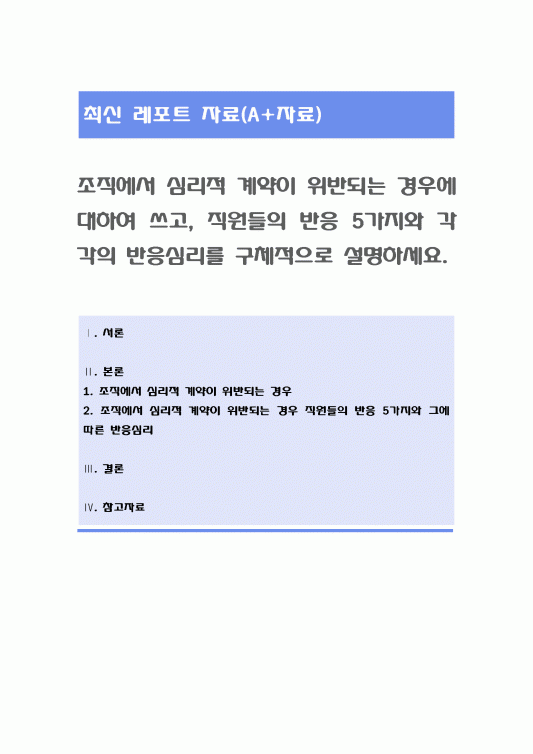 조직에서 심리적 계약이 위반되는 경우에 대하여 쓰고, 직원들의 반응 5가지와 각각의 반응심리를 구체적으로 설명.