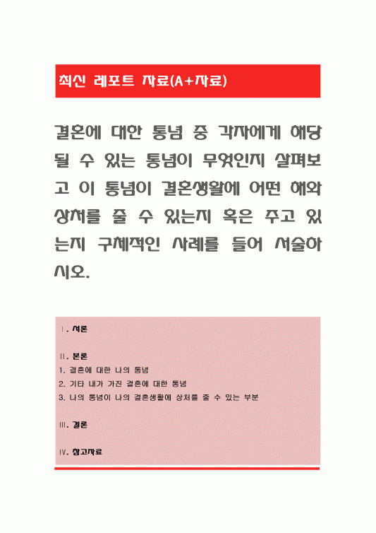 결혼에 대한 통념 중 각자에게 해당될 수 있는 통념이 무엇인지 살펴보고 이 통념이 결혼생활에 어떤 해와 상처를 줄 수 있는지 혹은 주고 있는지 구체적인 사례를 들어 서술.
