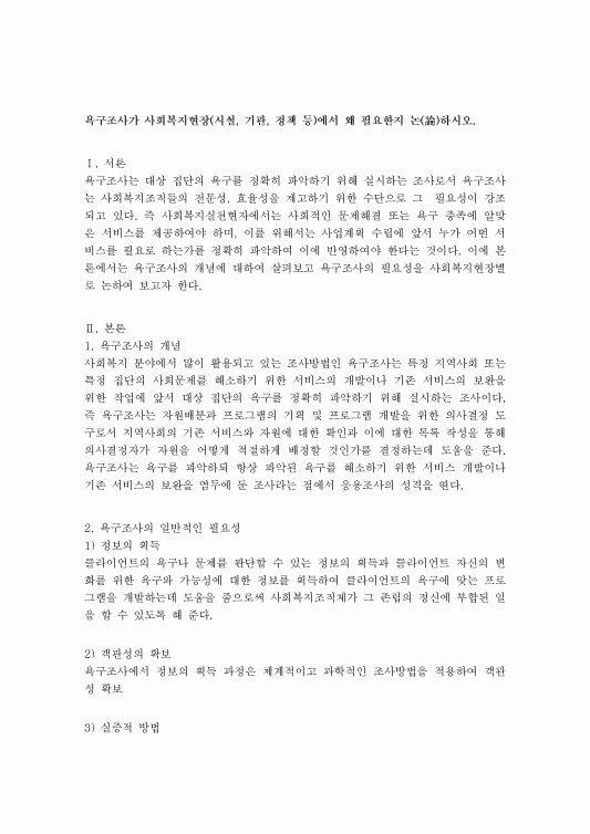 [욕구조사] 욕구조사가 사회복지현장(시설, 기관, 정책 등)에서 왜 필요한지 논(論)하시오.