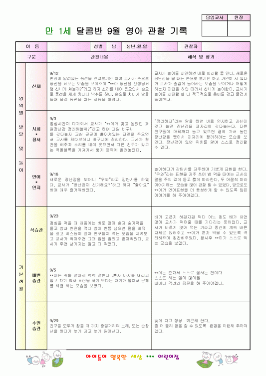 만1세9월영역별관찰일지