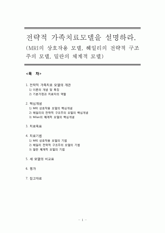 [가족복지론]전략적 가족치료모델을 설명하라. (MRI의 상호작용 모델,  헤일리의 전략적 구조주의 모델,  밀란의 체계적 모델) : 전략적가족치료