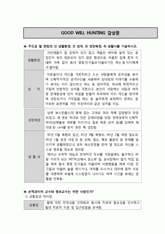 영화 Good Will Hunting 소감문