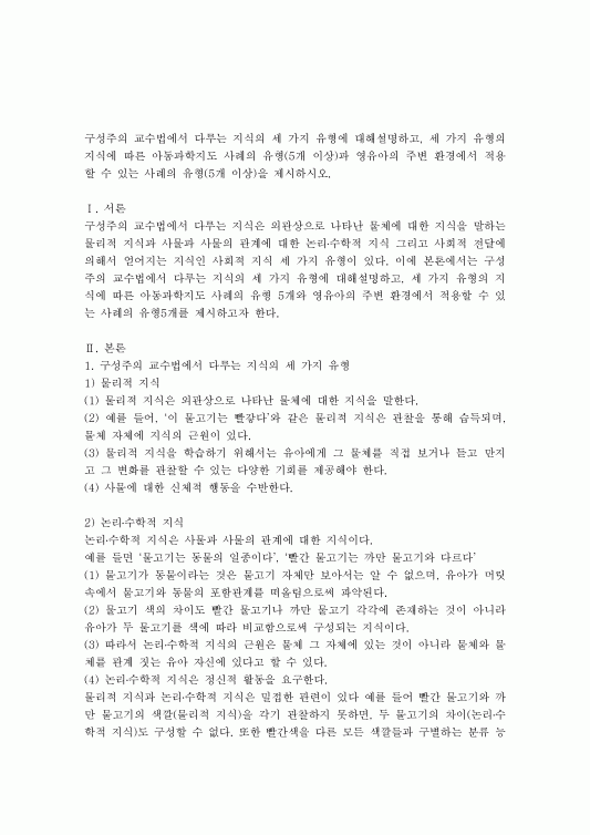 구성주의 교수법에서 지식의 세 가지 유형과 세 가지 유형의 지식에 따른 아동과학지도 사례의 유형과 영유아의 주변 환경에서 적용할 수 있는 사례의 유형 [구성주의 교수법]