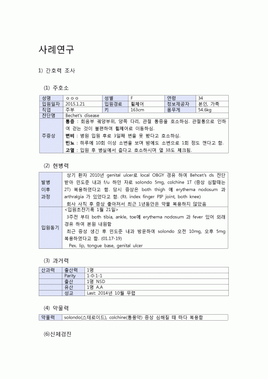 베체트병(Bechets disease) 문헌고찰 & 케이스, 임산부 급성통증, 변비, 고체온 간호과정, 간호진단, 이론적근거