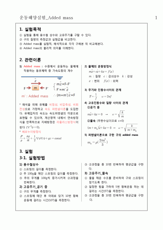 운동해양실험 - Added mass, 용수철상수, 고유주기 / 부산대 조선해양공학