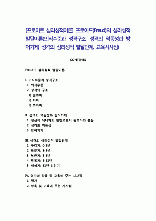 [프로이트 심리성적이론] 프로이드(Freud)의 심리성적 발달이론(의식수준과 성격구조, 성격의 역동성과 방어기제, 성격의 심리성적 발달단계, 교육시사점)