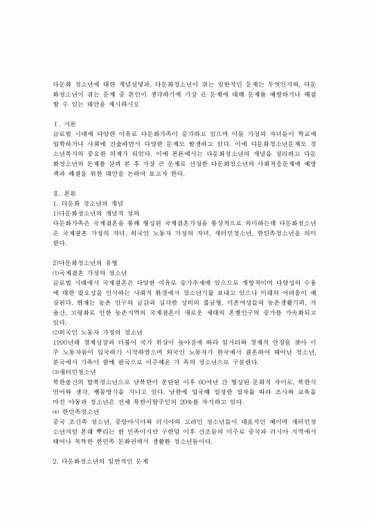 [다문화청소년] 다문화청소년의 개념 및 다문화청소년의 일반적인 문제 그리고 그 중 가장 중요한 문제 선정과 이에 대한 예방과 해결방안