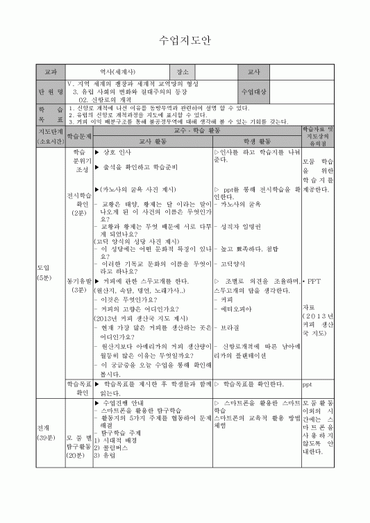 신항로의 개척 역사(세계사) 교수 수업,학습지도안
