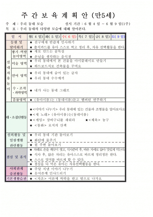 만5세 평가인증 통과한 6월 나와 우리이웃 보육일지(보육실습일지)