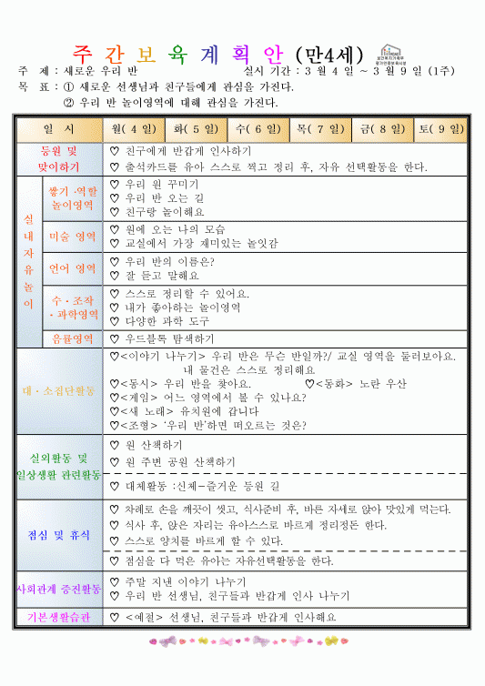 만4세 평가인증 통과한 3월 우리원과 친구 보육일지(보육실습일지)
