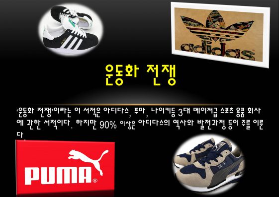 운동화 전쟁 발표ppt 자료, 스포츠 서적, 스포츠 마케팅, 아디다스&나이키의 탄생 실화, 발표자료(위 ppt는 운동화 전쟁 발표자료와 함께 구매하여야 발표가 용이합니다.)