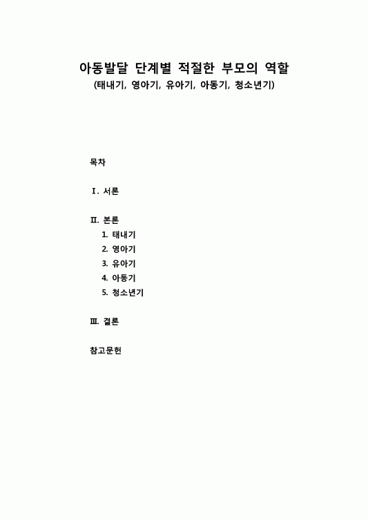 [부모교육] 아동발달 단계별 적절한 부모의 역할(태내기, 영아기, 유아기, 아동기및  청소년기)