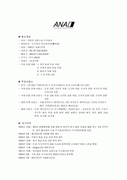 ANA 항공 소개 레포트 자료