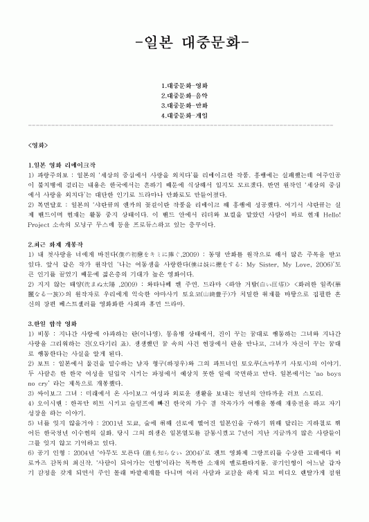 일본 대중문화 [일본 대중문화-영화, 일본 대중문화-음악, 일본 대중문화-만화, 일본 대중문화-게임]