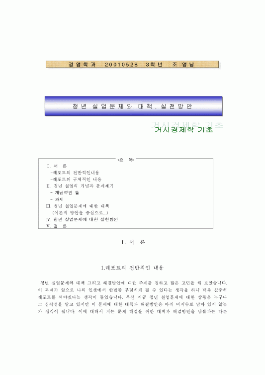 [경제학] 청년 실업문제와 대책 실천방안
