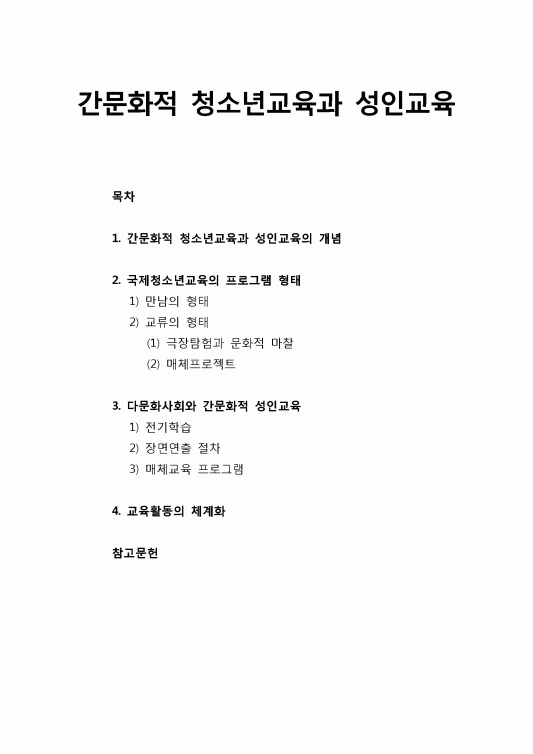 [다문화사회와 교육] 간문화적 청소년교육과 성인교육의 개념과 국제청소년교육의 프로그램 형태, 다문화사회와 간문화적 성인교육 및 교육활동의 체계화