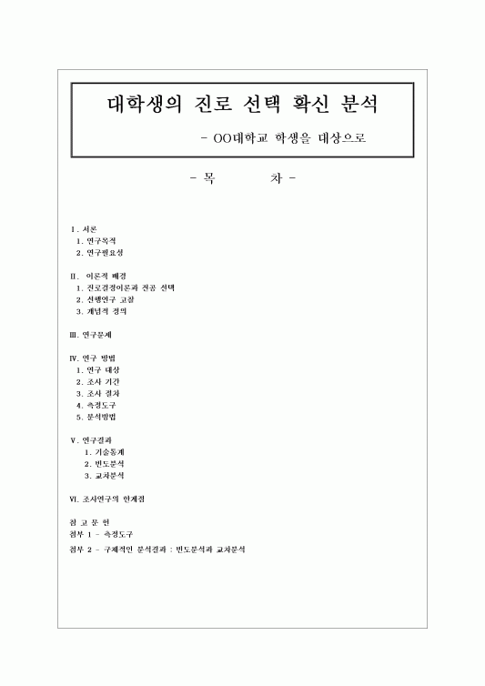 대학생의 진로 선택 확신 분석 [연구목적, 연구필요성, 진로결정이론과 전공 선택, 선행연구 고찰, 개념적 정의, 연구문제, 연구 대상, 조사 기간, 조사 절차, 측정도구, 분석방법, 기술통계, 빈도분석, 교차분석,