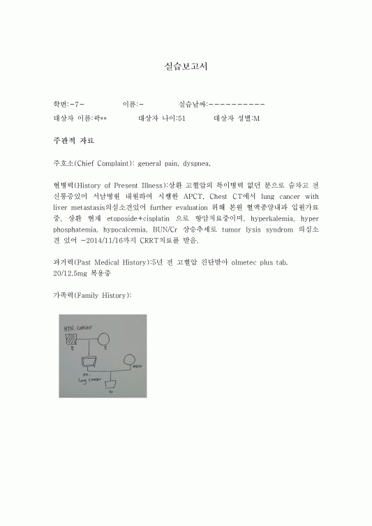 폐암(lung cancer) case study자료 [ 진단 검사 약물 등 그리고 간호진단 3가지!! ]