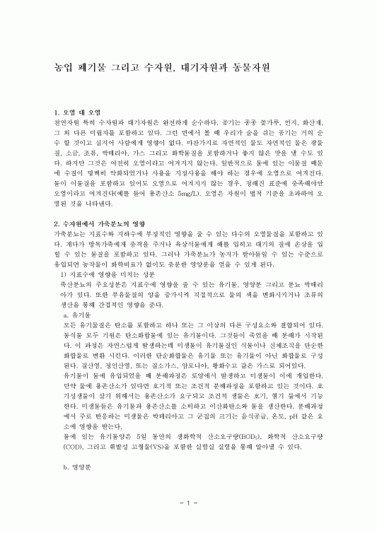 농업 폐기물 그리고 수자원, 대기자원과 동물자원