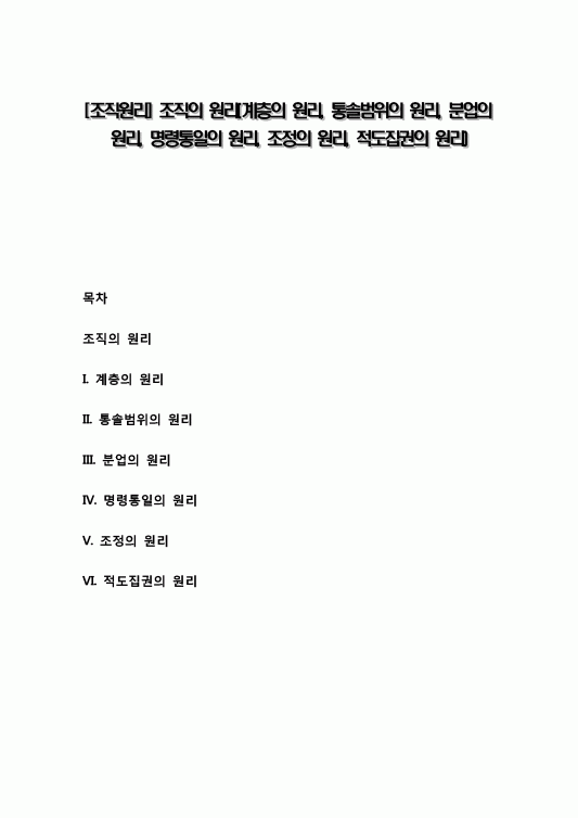 [조직원리] 조직의 원리(계층의 원리, 통솔범위의 원리, 분업의 원리, 명령통일의 원리, 조정의 원리, 적도집권의 원리)