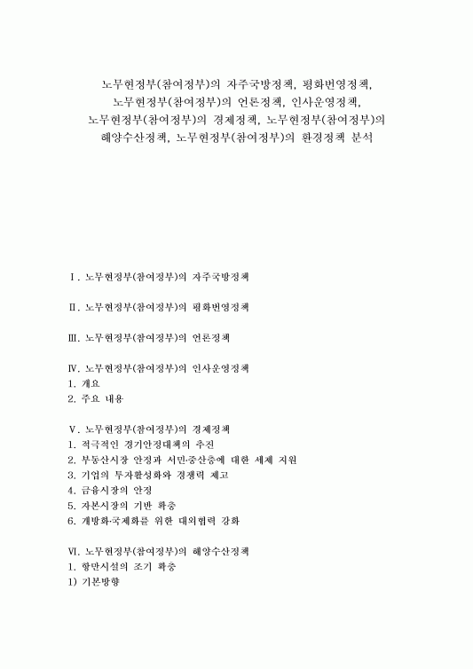 노무현정부(참여정부)의 자주국방정책, 평화번영정책, 노무현정부(참여정부)의 언론정책, 인사운영정책, 노무현정부(참여정부)의 경제정책, 노무현정부(참여정부)의 해양수산정책, 노무현정