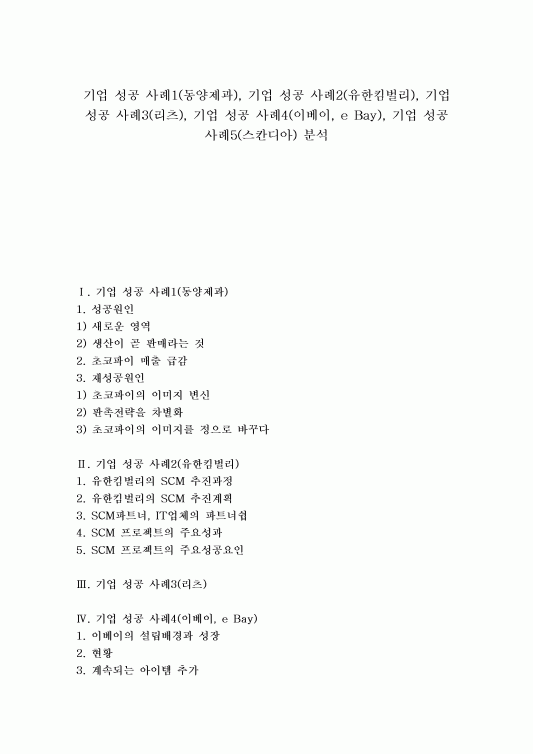 [기업][기업경영][경영환경][동양제과][유한킴벌리][리츠][이베이][e Bay][스칸디아]기업 성공 사례1(동양제과), 기업 성공 사례2(유한킴벌리), 기업 성공 사례3(리츠), 기업 성공 사례4(이베이, e Bay), 기업 성공 사례5(스칸디아) 분석